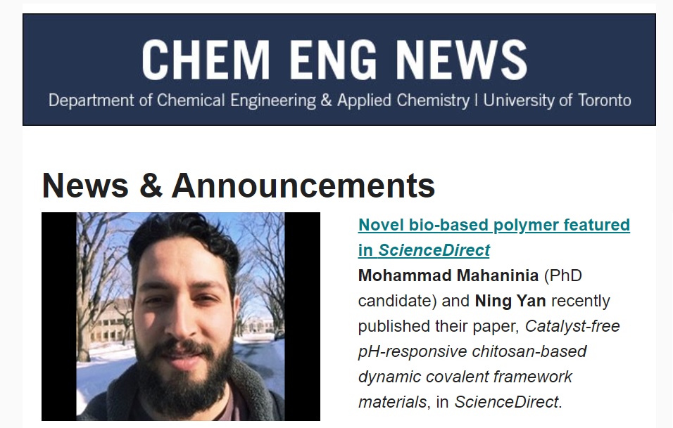 Featured in Chem Eng News: Novel bio-based polymer featured in ScienceDirect | Yan Lab